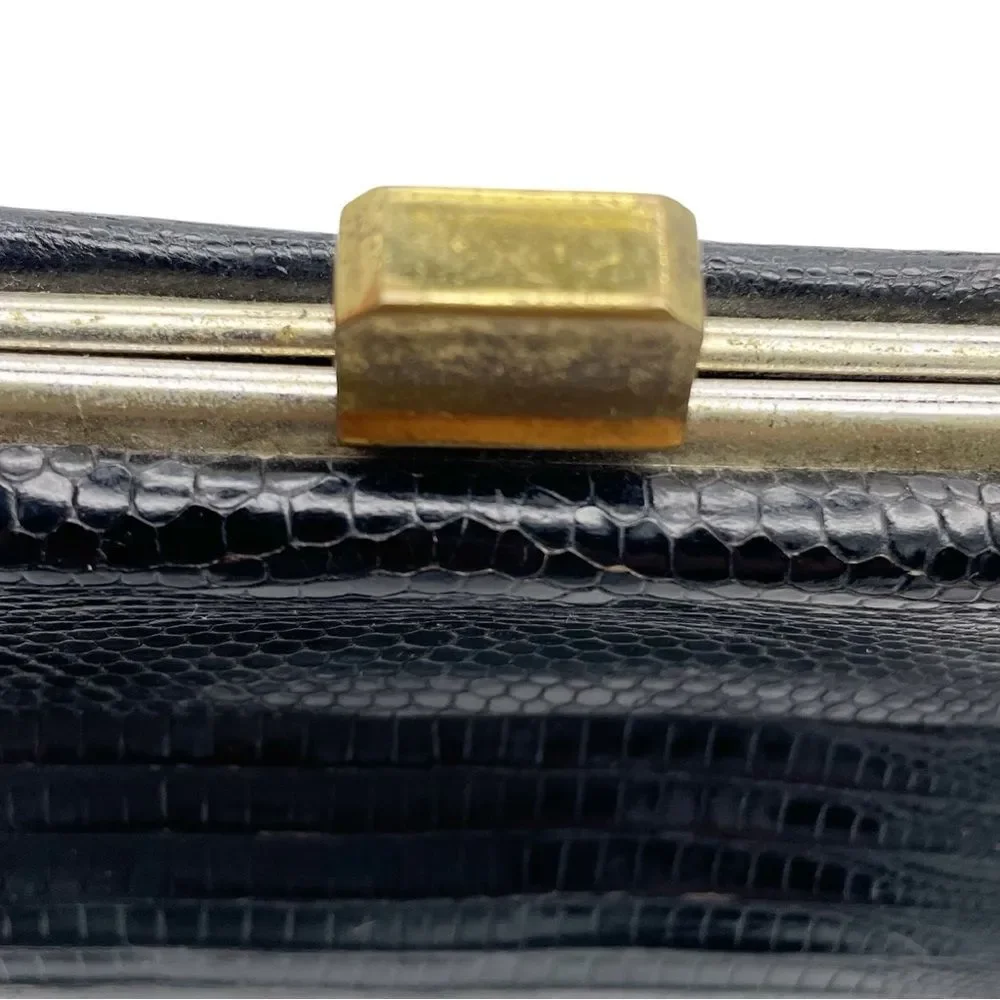 Vintage | Bags | Vintage Black Lizard Embossed Leather Top Handle Frame ...